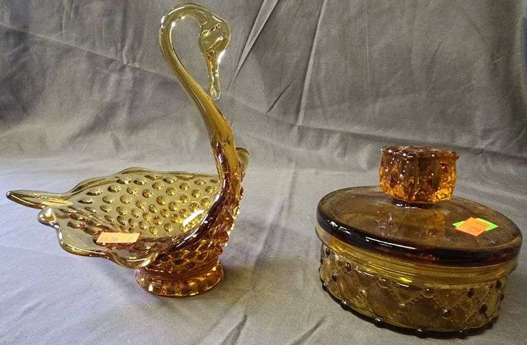 Amber Glass Swan-Shaped Dish and Lidded Jar - Metzger Property Services ...