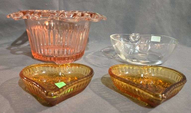 Glass Dishes Including Pink Rolled-Edge Bowl, Amber Heart-Shaped Dishes ...