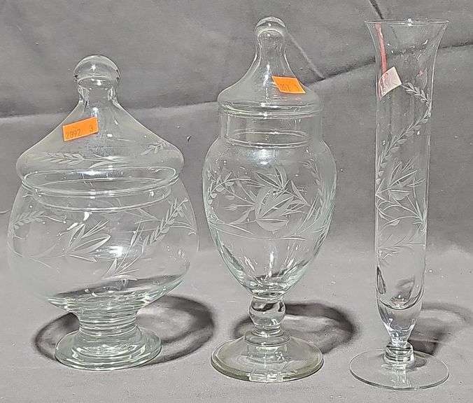 (2) Etched Glass Candy Dish with Lid, Etched Glass Bud Vase with Wheat ...