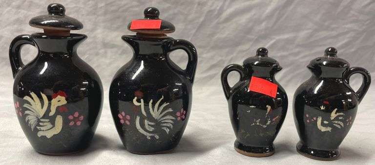 Set of Four Ceramic Black Pitcher-Style Containers with Painted Rooster ...