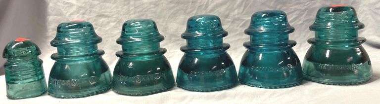 Set of Six Hemingray Insulators in Blue-Green Tinted Glass - Metzger ...