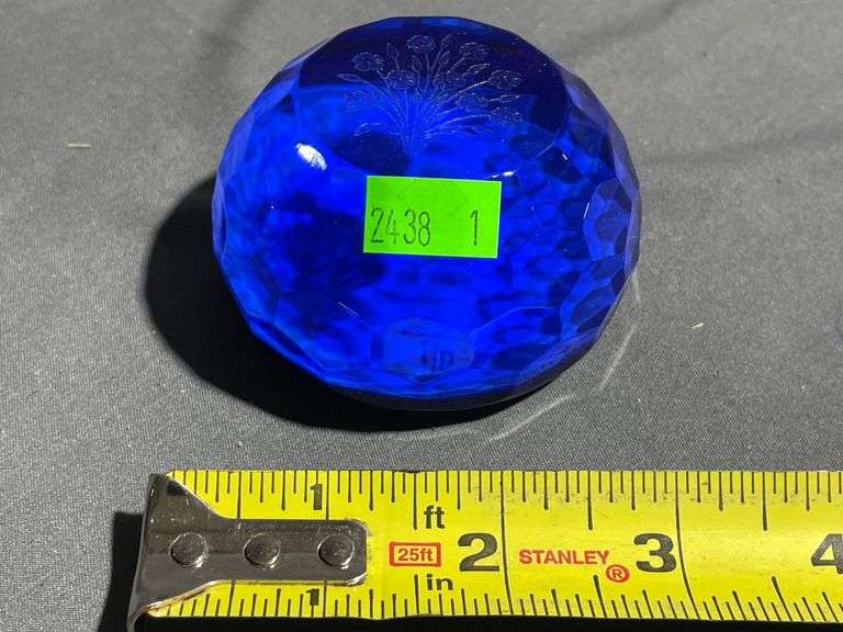 Blue Cut Glass Paperweight with Floral Etching - Metzger Property ...