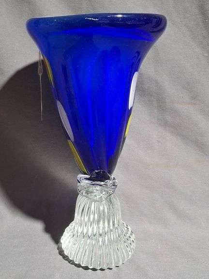 Blue and Clear Art Glass Cornucopia Horn of Plenty Vase with ...