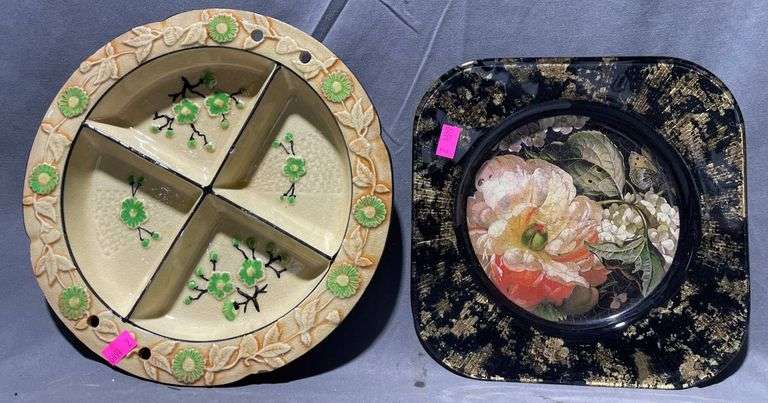Hand-Painted Divided Ceramic Dish and Lesley Roy Decorative Square ...