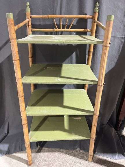 Four-Tier Shelf Unit with Bamboo-Style Frame and Green Shelves ...