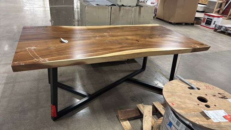 Litton Lane Brown Dining Table with Black Metal Base has scratched and ...