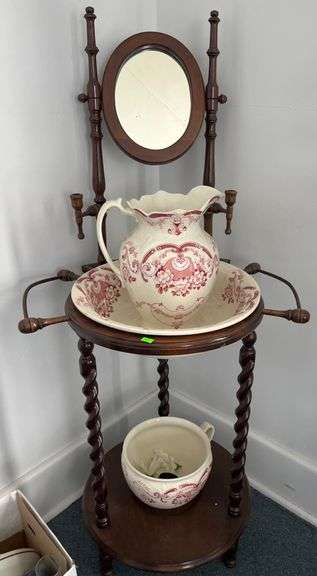 Washstand with Mirror and Matching Porcelain Basin, Pitcher and Chamber ...