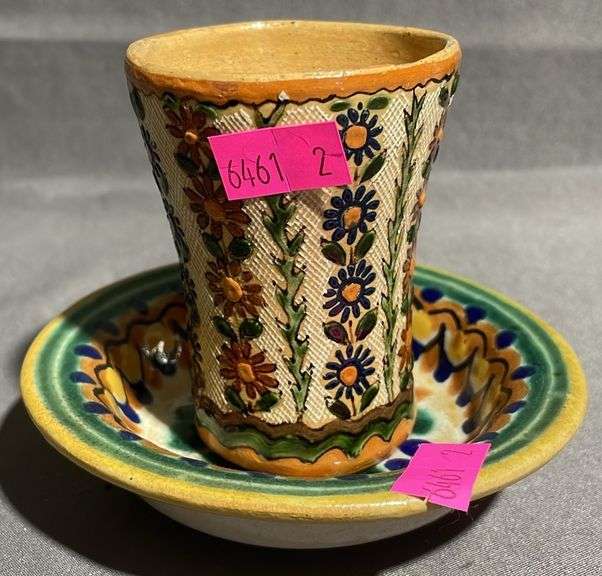 Small ceramic hand painted cup & saucer 3”H, 4” - Metzger Property ...