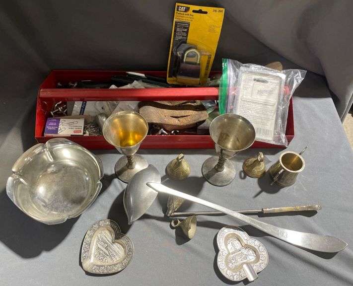 Silverplate & Pewter Items with Red Metal Tool Organizer - Metzger ...
