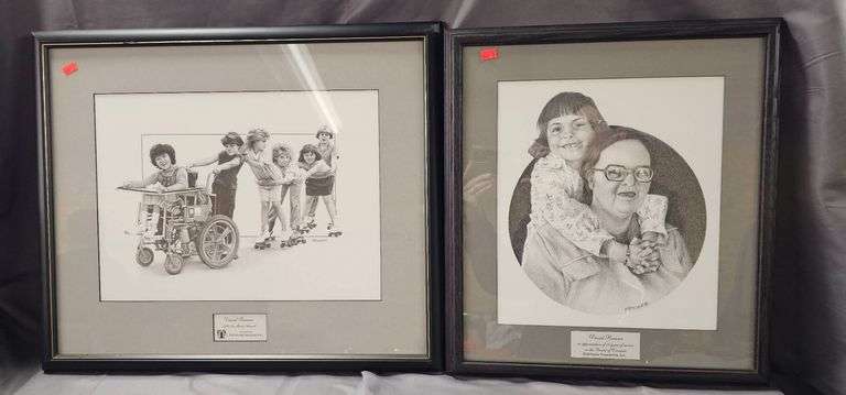 Two Framed Ink Drawings Featuring People Scenes - One Artist Signed ...