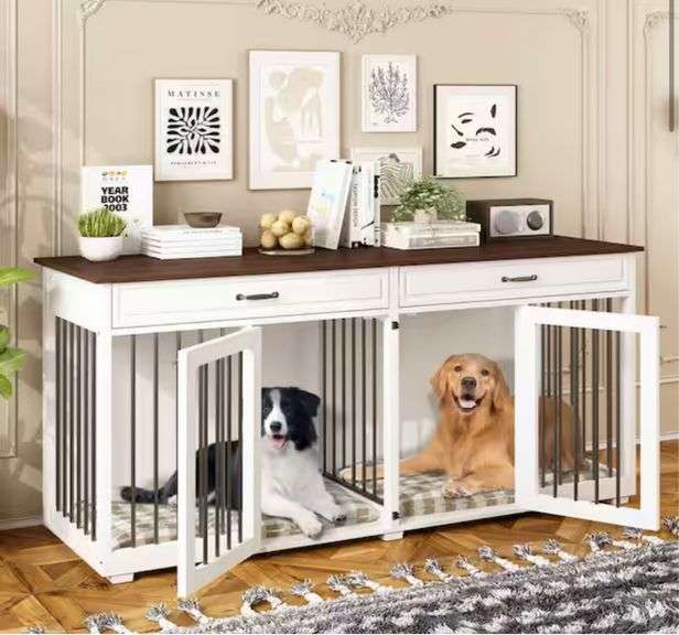 FUFU&GAGA Furniture Style Dog Crate, 72 in. Large Wooden Dog Kennel with Drawers Divider, Heavy ...