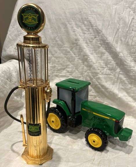 John Deere tractor porcelain bank (chip on cab) & toy replica gas pump ...