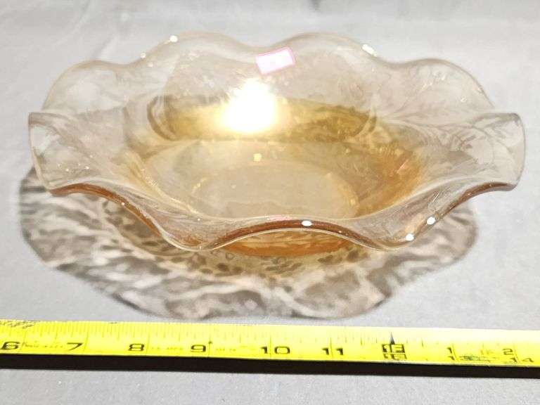 Amber Glass Bowl with Floral Etching and Ruffled Rim - Metzger Property ...