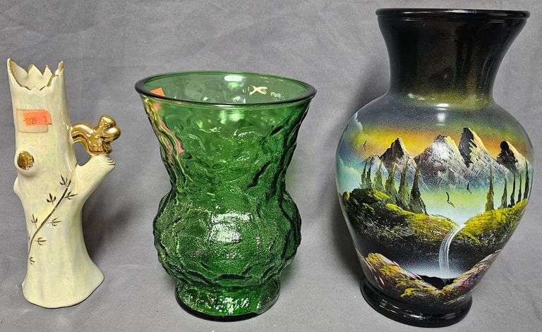 Set of Three Decorative Vases: Tree Trunk, Green Pressed Glass, and ...