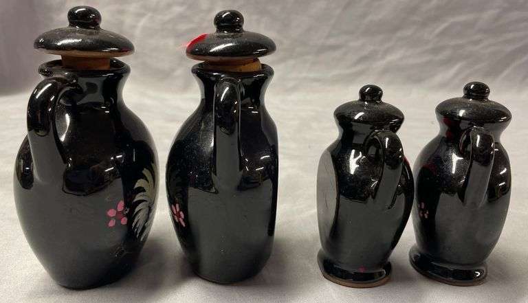 Set of Four Ceramic Black Pitcher-Style Containers with Painted Rooster ...