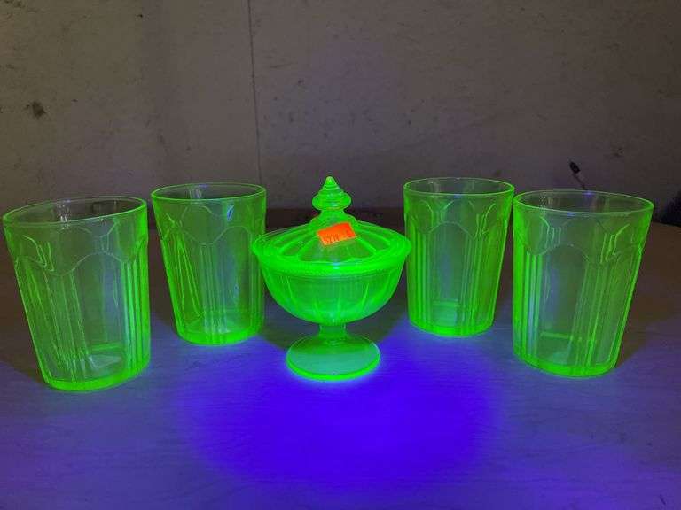 Green Uranium Glass Goblets and Lidded Compote Set - Metzger Property ...