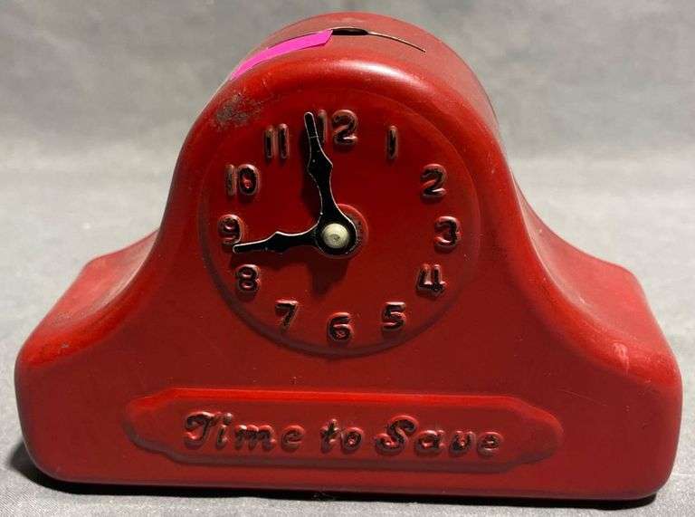 Red Clock-Shaped Metal Bank with ‘Time to Save’ - Metzger Property ...