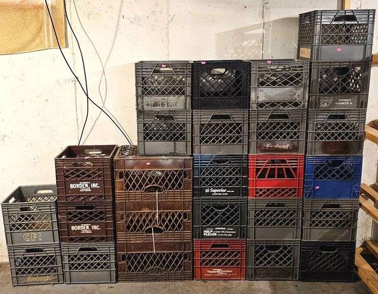 Stack of 26 Plastic Crates in Various Sizes and Colors - Metzger ...