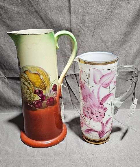 Pair of Hand-Painted Pitchers with Floral and Fruit Motifs - Metzger ...