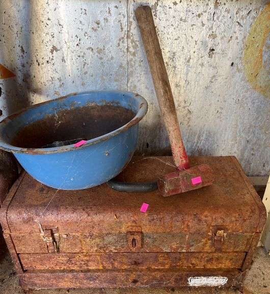 Rusted Metal Tool Box with Sledge Hammer and Planter - Metzger Property ...