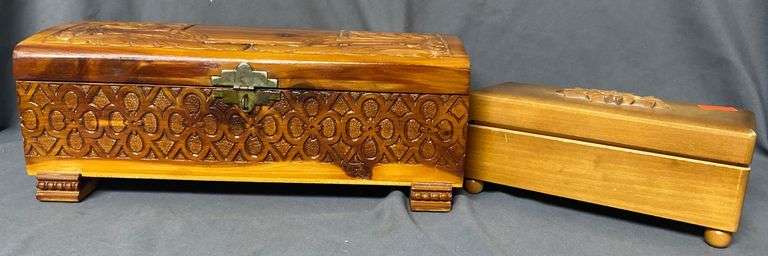 Two Carved Boxes With Hinged Lids and Ornate Floral Detailing - Metzger ...