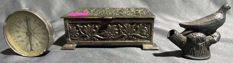 Decorative Metal Box, Compass, and Bird Figurine - Metzger Property ...