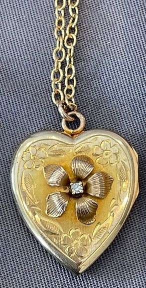 B&N 10K Gold Heart Locket with Diamond Pendant, 3.4 G., on 18K GF 20 1/ ...