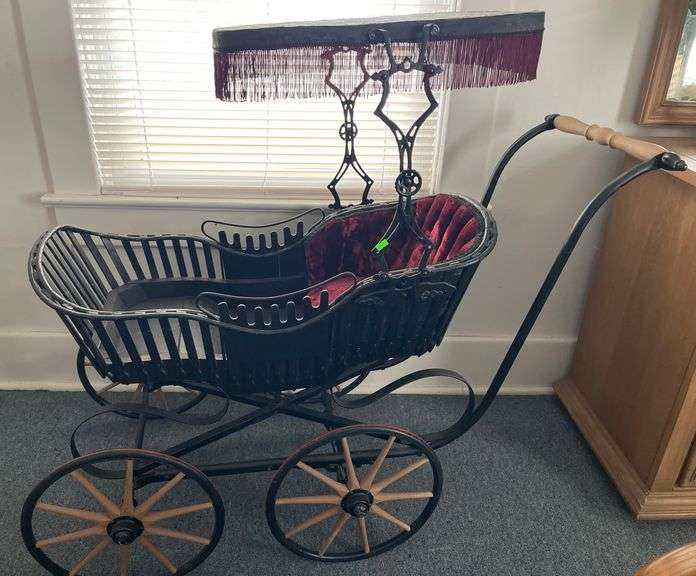 Black Metal Carriage with Red Velvet Interior and Fringe Canopy 35x16 ...