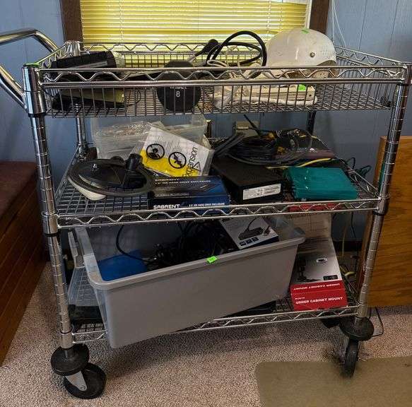 Rolling Metal Wire Utility Cart with Mixed Electronics and Accessories ...
