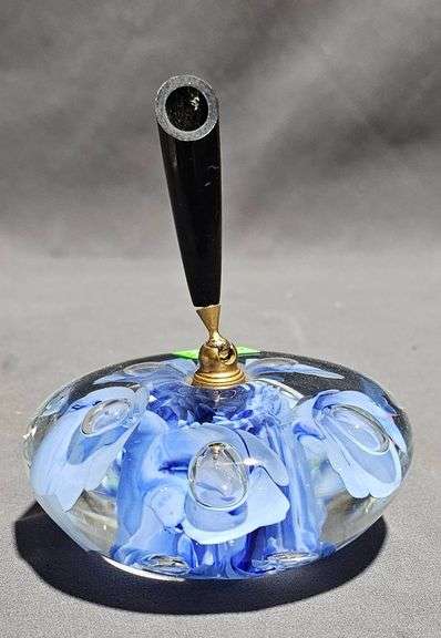 Joe St Clair Glass Paperweight with Internal Blue Floral Design and ...