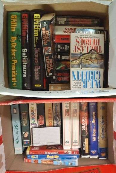 Box of VHS Tapes and Hardcover Books Including W.E.B. Griffin and Dale ...