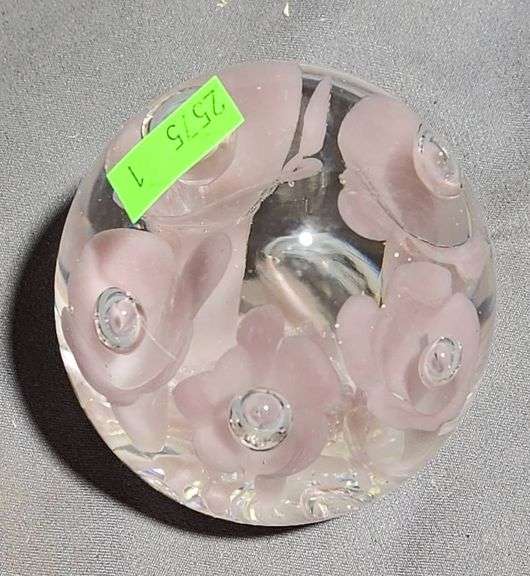 Joe Rice 1997 Glass Paperweight with Pink Floral Design - Metzger ...