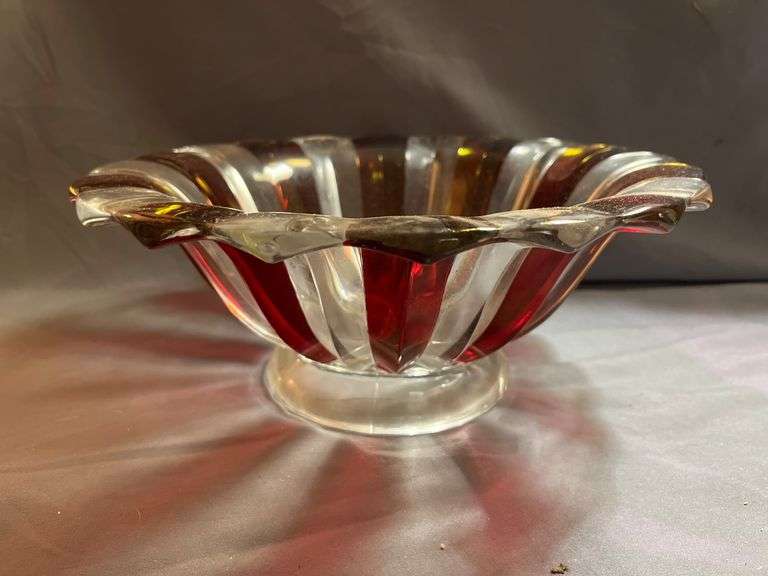 Clear and Red Fluted Glass Bowl 11-Inch - Metzger Property Services, LLC