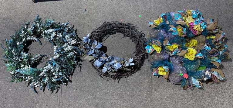 Three Decorative Wreaths Featuring Floral and Natural Elements 16” and ...