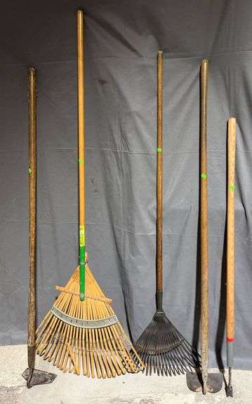 Five Garden Tools Including Rakes and Hoes with Wood Handles - Metzger ...