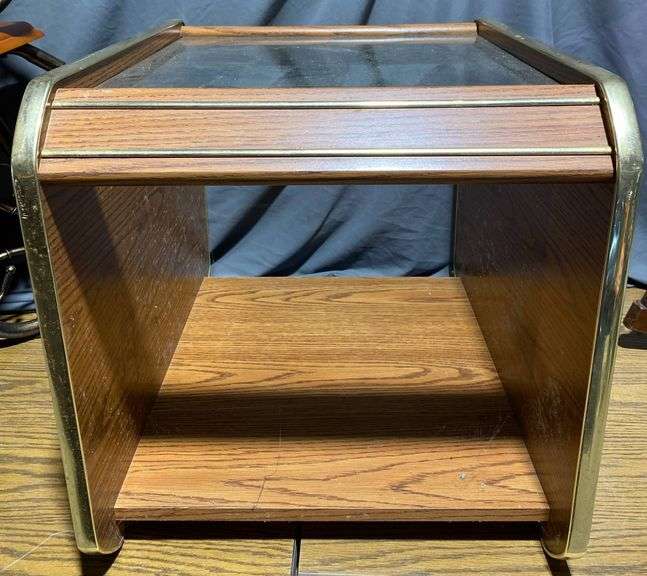 Glass-Top Side Table with Wood Grain Finish and Brass-Toned Edging ...