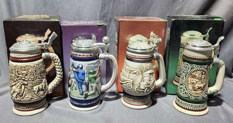 Set of Four Avon Ceramic Beer Steins with Pewter Lids - Metzger ...