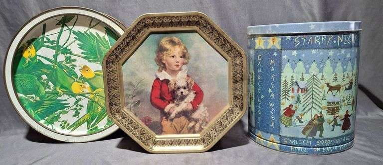 3 – Decorative Metal Tins Featuring Artwork and Nature Themes 12″ – 14 ...