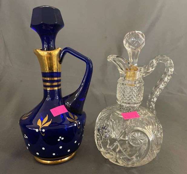 Blue and Clear Glass Cruets with Gold Accents and Cut Crystal Patterns ...