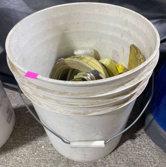 White Plastic Bucket Containing Yellow Tie-Down Straps and Cables ...