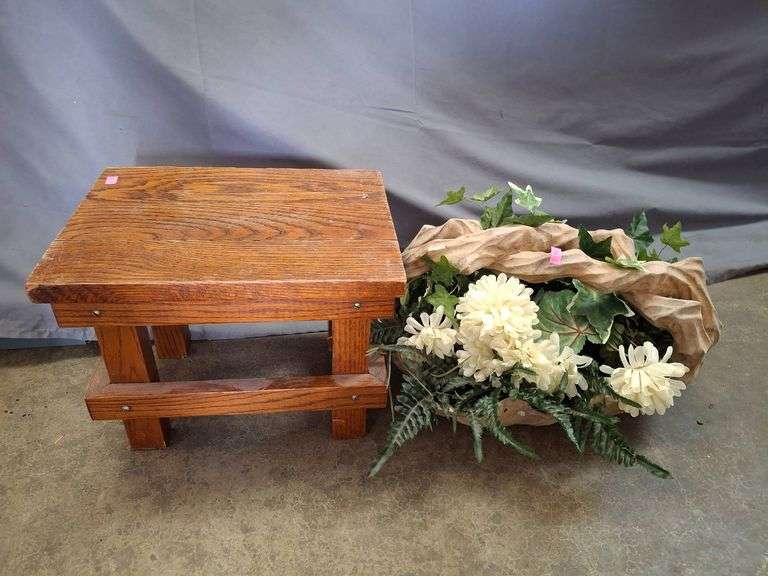 Small Rectangular Oak Stool & Artificial Floral Arrangement in Wood ...