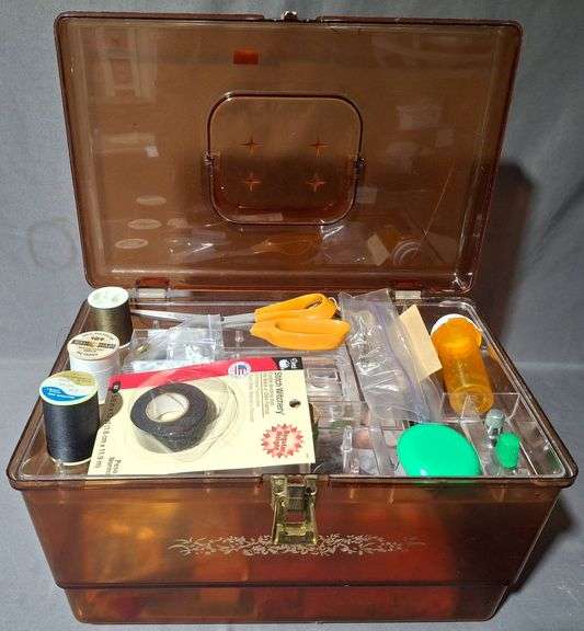 Brown Plastic Sewing Storage Box with Assorted Sewing Materials (Crack ...