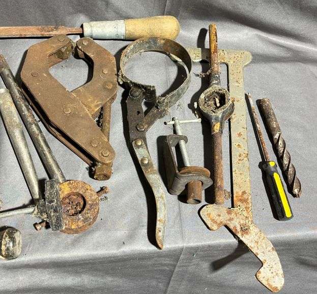 Metal Hand Tools Assortment Including Pipe Wrenches, Chisel and Clamps ...