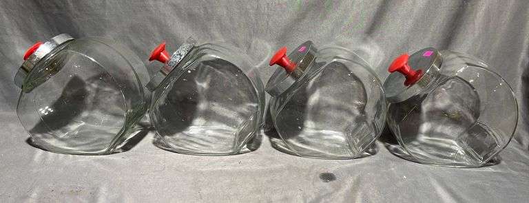 Set of Four Clear Glass Countertop Jars with Metal Lids and Red Knobs ...