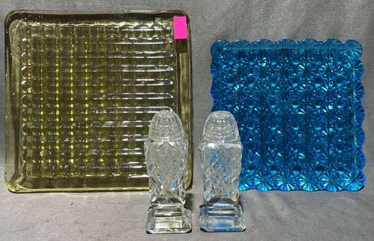 Pressed Glass Serving Plates and Crystal Salt and Pepper Shakers ...