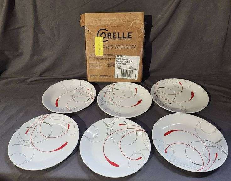 Set of Six Corelle Vitrelle Plates with Red and Gray Swirl Pattern ...