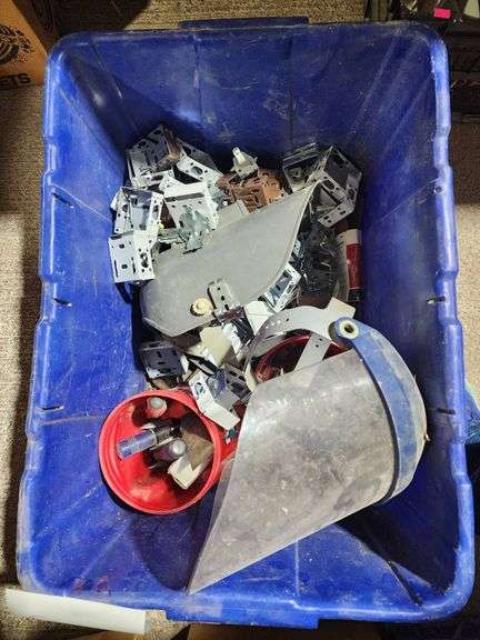 Metal Brackets and Face Shield Components in a Blue Plastic Bin ...