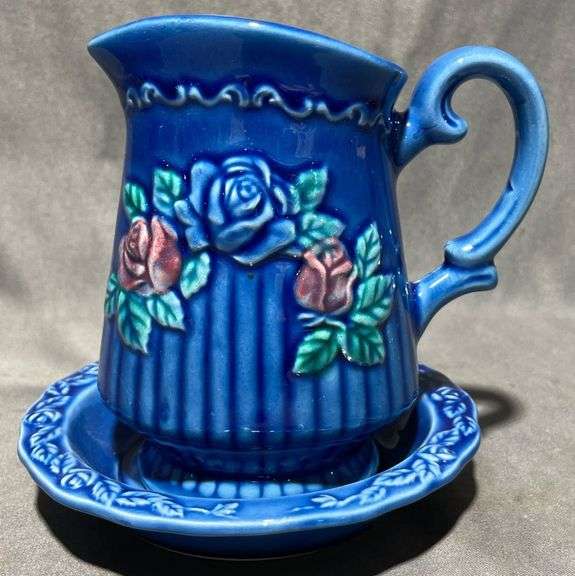 Blue Ceramic Pitcher and Dish Set with Floral Embossed Design - Metzger ...