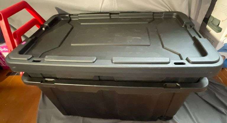 2-Sterilite Black Plastic Storage Bin with Red Foldable Handle ...