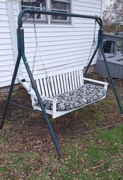 Outdoor Metal Swing Frame with Wooden Slatted Bench - Metzger Property ...